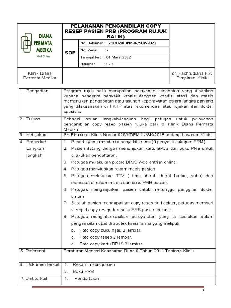 Sop Pelayanan Pengambilan Copy Resep Pasien PRB | PDF