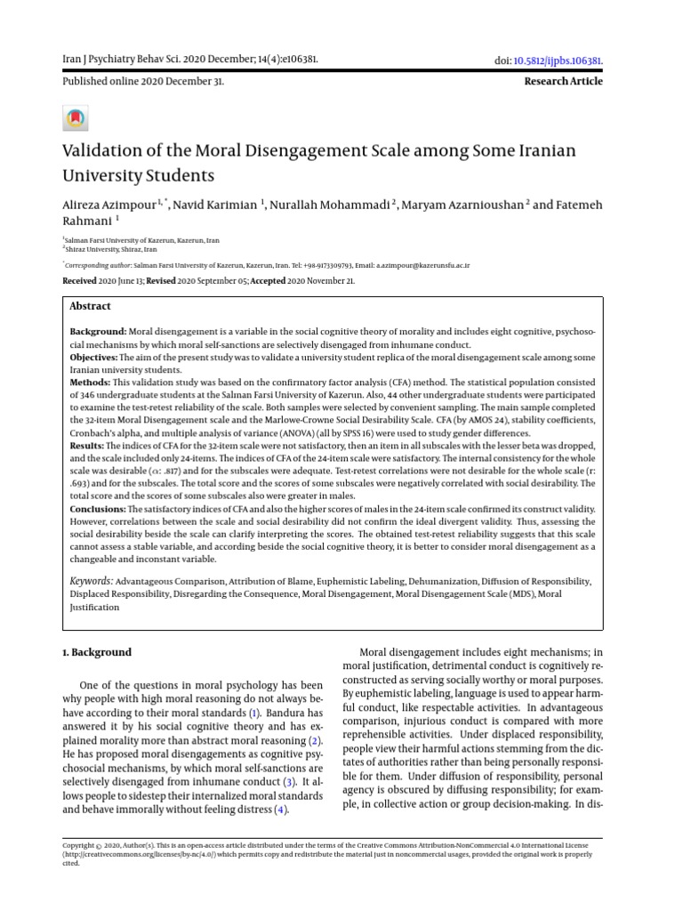 Validation of The Moral Disengagement Scale Among Some Iranian ...