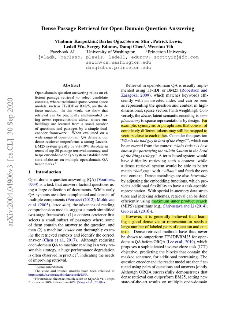 Dense Passage Retrieval For Open-Domain Question Answering | PDF ... Dense Passage Retrieval For Open-Domain Question Answering | PDF ...