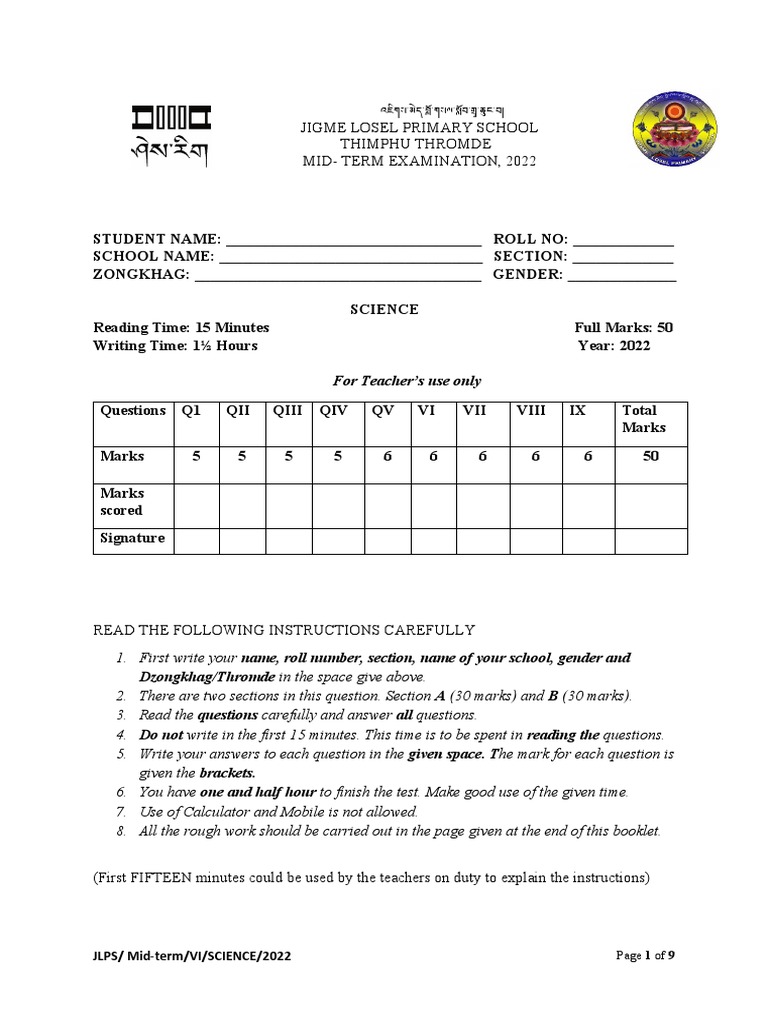 Mid Term Science Paper Class Iv 2022 Pdf Flowers
