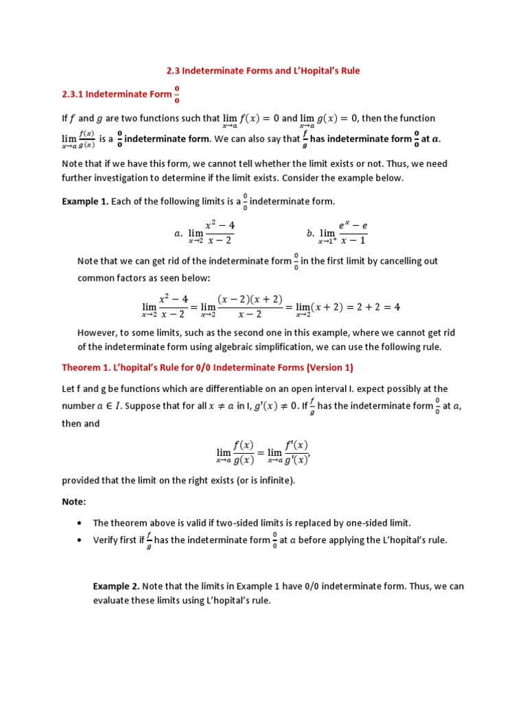 2.3 Indeterminate Forms and L'Hopital's Rule | PDF | Mathematical ...