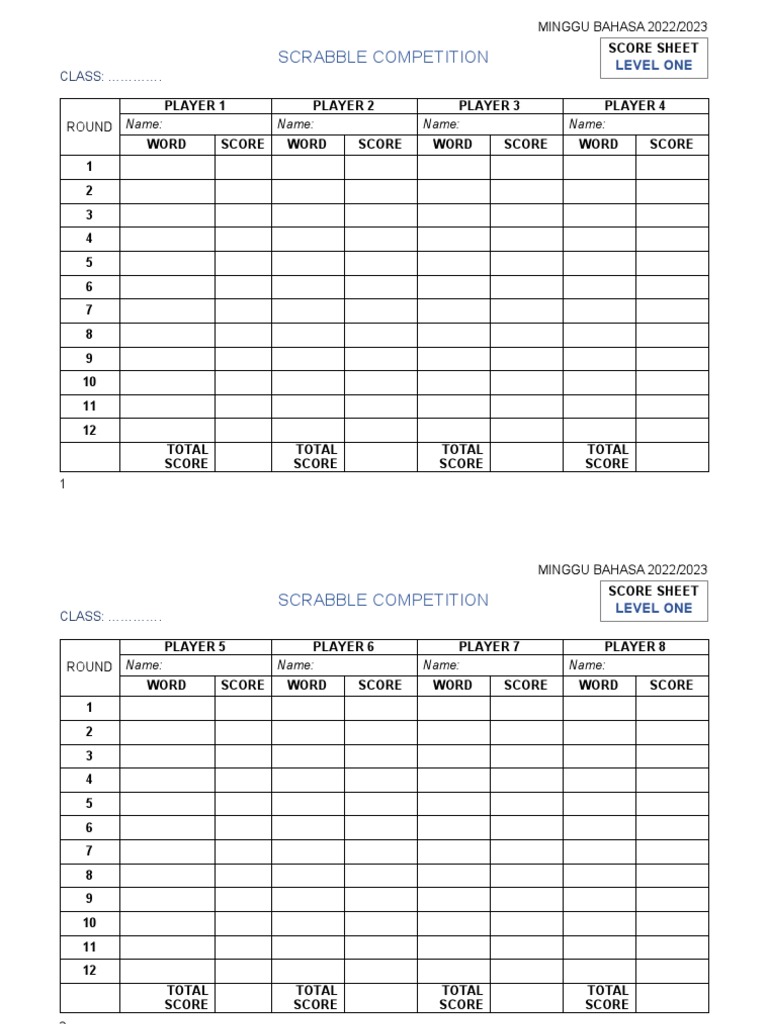 Scrabble Score Sheet [Minggu Bahasa 2022_2023] | PDF