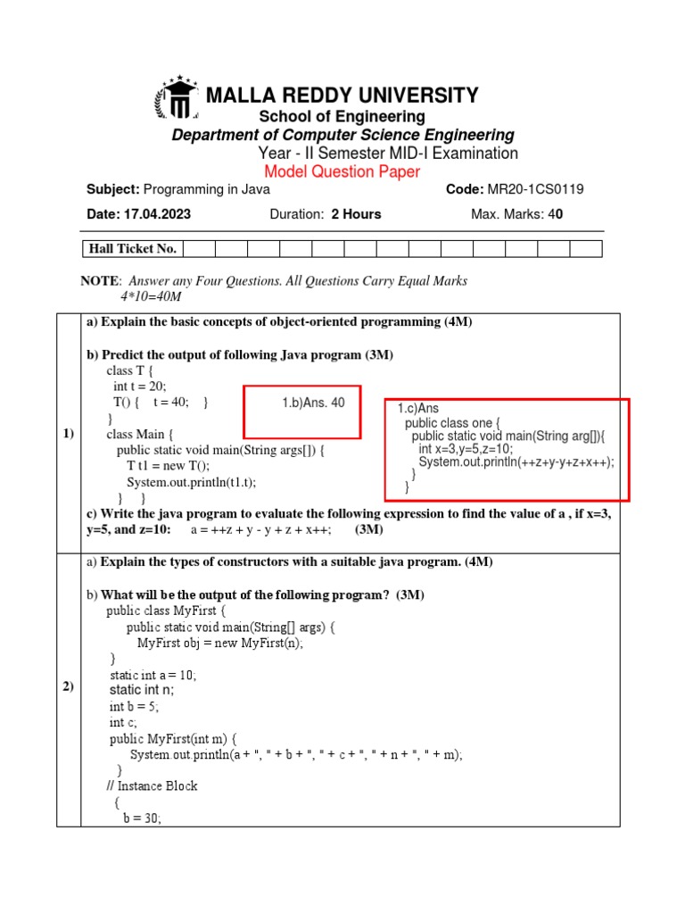 Solution For Java Sample Mid 1 Pdf Programming Constructor Object Oriented Programming