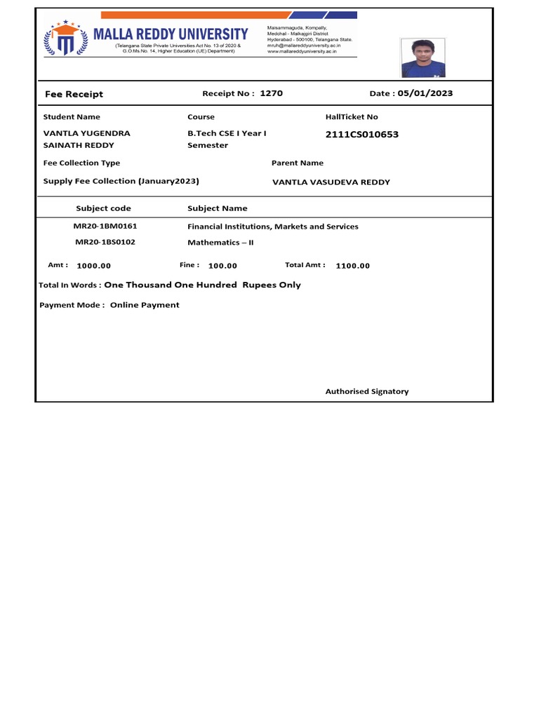 Student Exam Fee Receipt Report | PDF