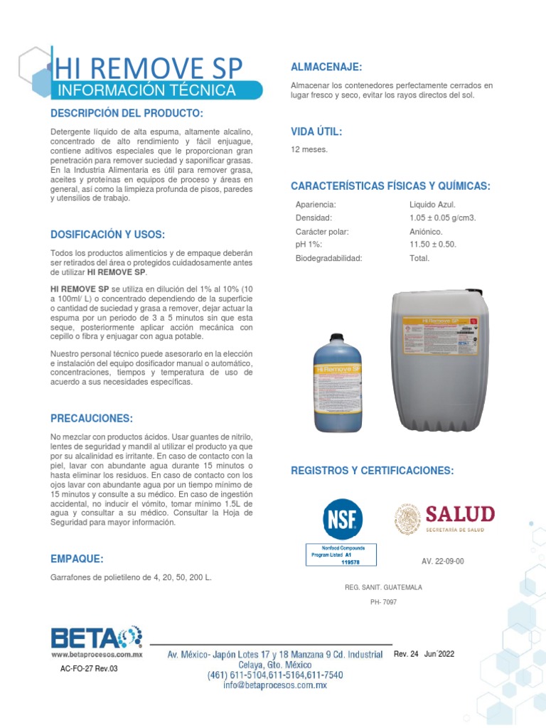 Detergente HI REMOVE SP: Uso y Precauciones | PDF | Agua | Química