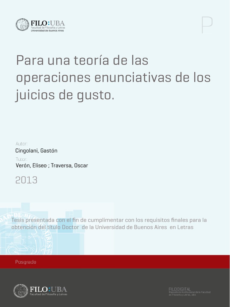 Cingolani Gastón para Una Teoría de Las Operaciones Enunciativas de Los Juicios de Gusto Uba ...