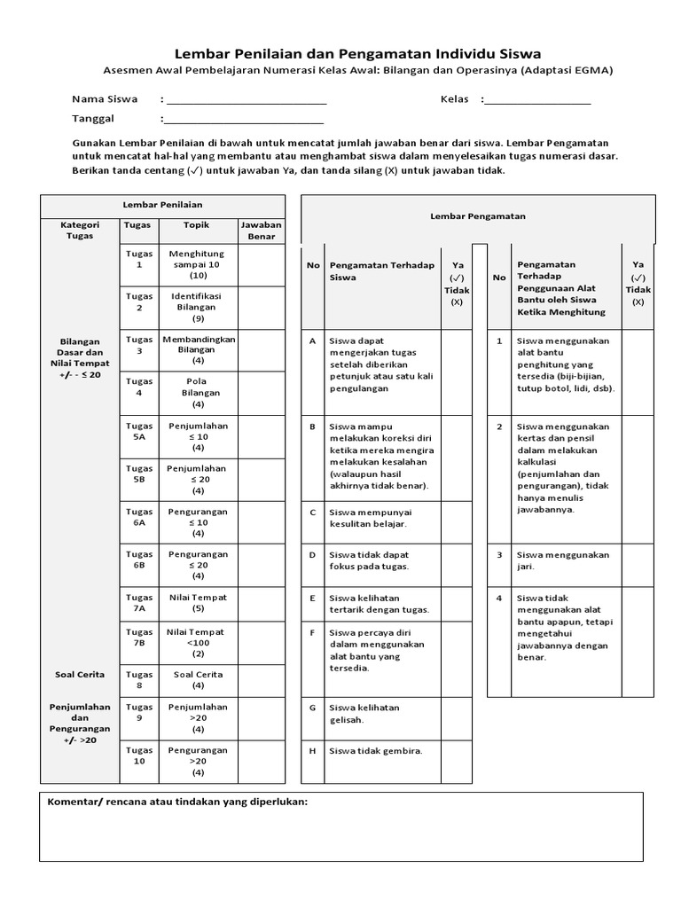 Lembar Penilaian Asesmen Awal Numerasi | PDF