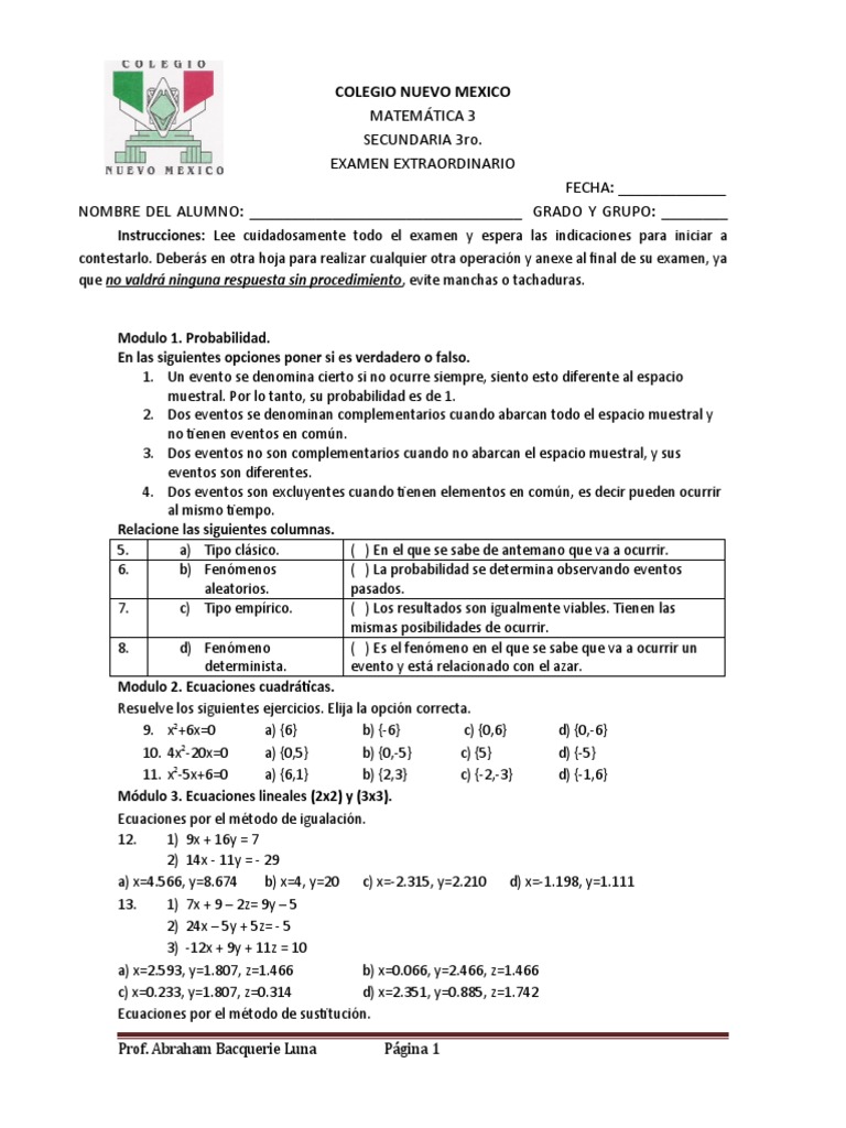 Examen Extraordinario de Matemáticas de 3° de Secundaria | PDF ...