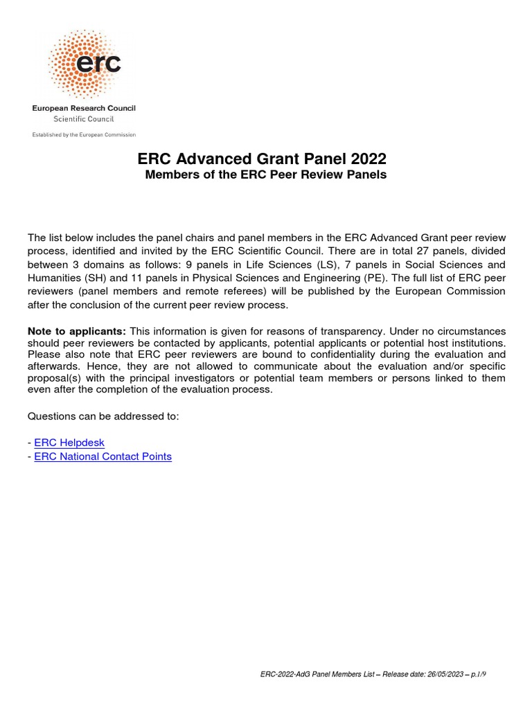Panel Members ERC Advanced Grant 2022 | PDF | Science