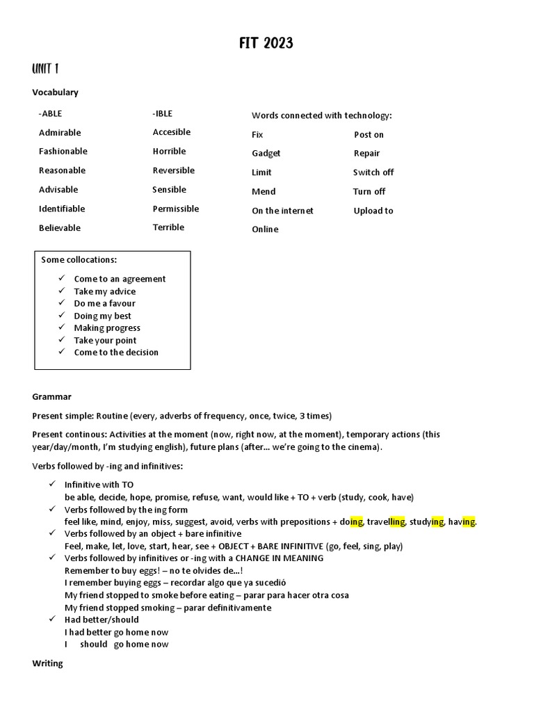 Resúmen Unidades 1, 2, 3, 4 Optimise b1+ | PDF | Verb | Noun