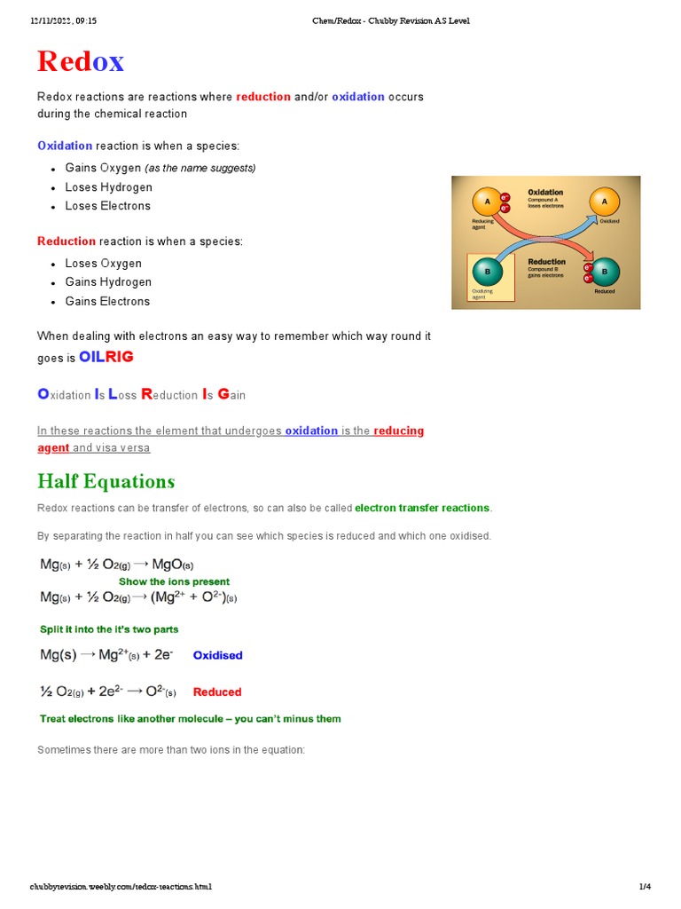 Chem Redox revision sheet | PDF | Redox | Chemical Reactions