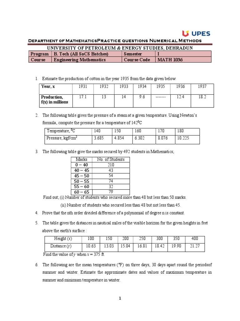Practice Questions Numerical Methods - MATH 1036 | PDF | Interpolation | Finite Difference