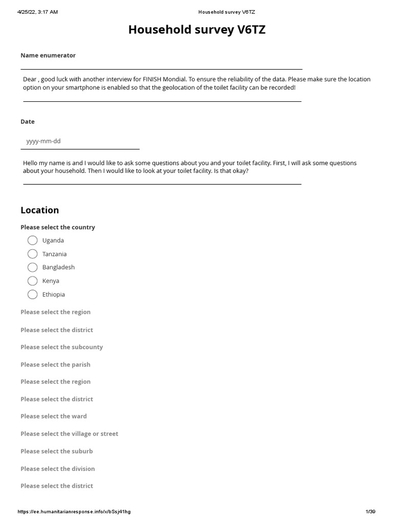 Household Survey V6TZ | PDF | Toilet | Sanitation