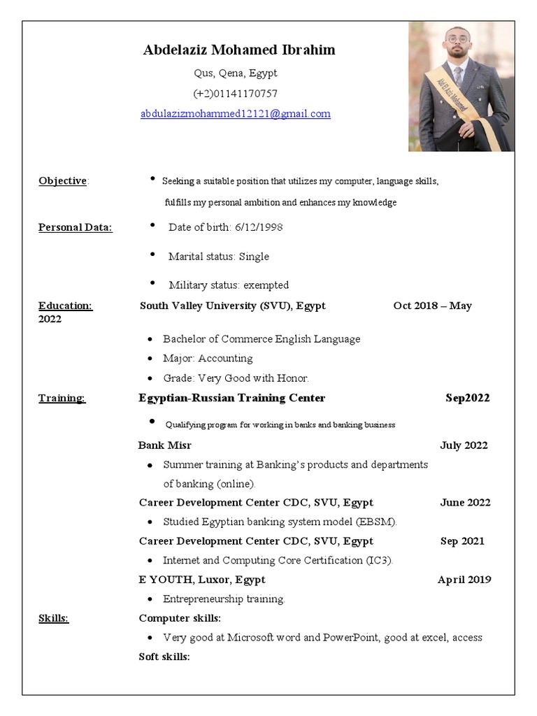 Abdelaziz Mohamed Ibrahem - CV | PDF | Finance & Money Management | Career & Growth