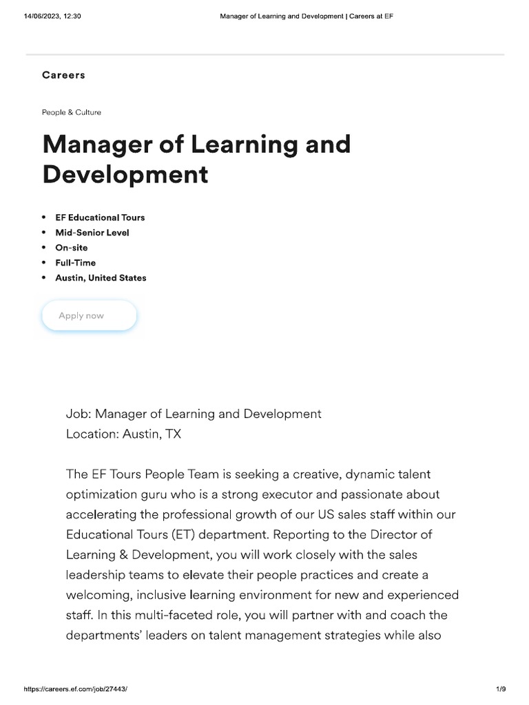 Manager Of Learning And Development PDF