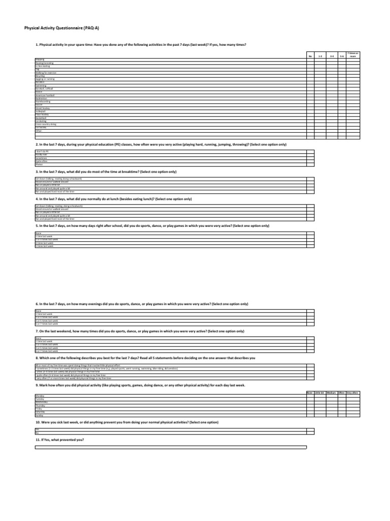Physical Activity Questionnaire (PAQ-A) | PDF | Workweek And Weekend | Sports