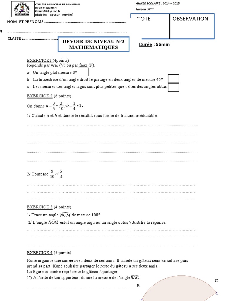 DEVOIR DE NIVEAU N°3 6è | PDF | Géométrie | Mathématiques élémentaires