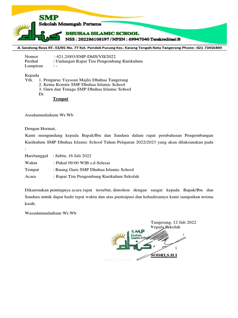 Surat Undangan Rapat Berita Acara Kurikulum Guru 2022 2023 Pdf