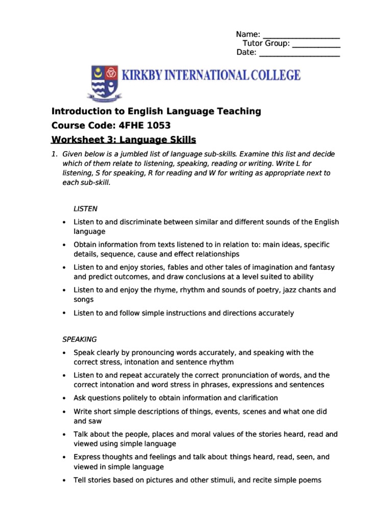 Worksheet 3 LSRW Sub Skills | PDF | Information | Stress (Linguistics)