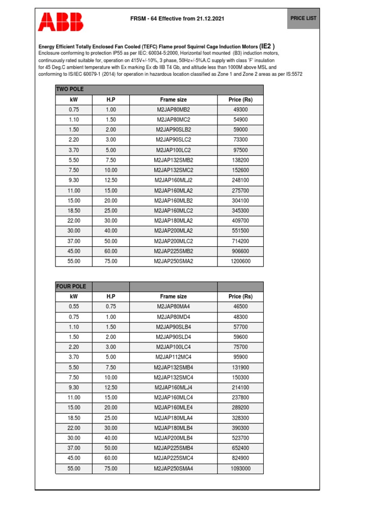 ABB FRSM 64 FLP IE2 & IE3 Motors Price List | PDF | Physical Quantities ...