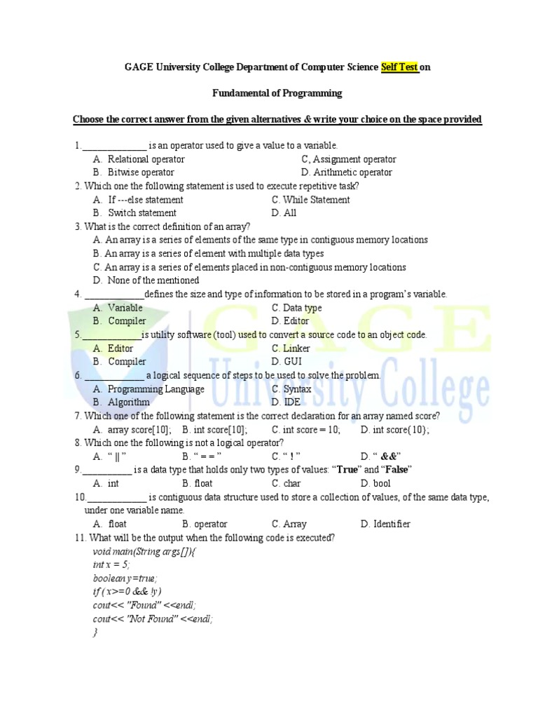 Merged Self Test Exam For Computer Science First Round 1 | PDF ...