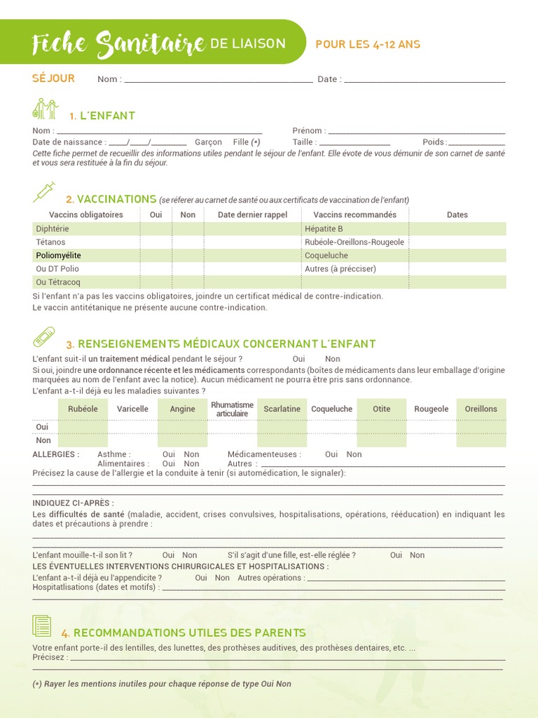 FICHE SANITAIRE 4-12 ANS - À Faire Parapher Par Le Médecin Traitant - À ...