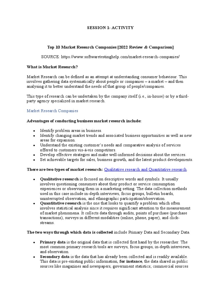 Session 1 Activity | PDF | Marketing Research | Data