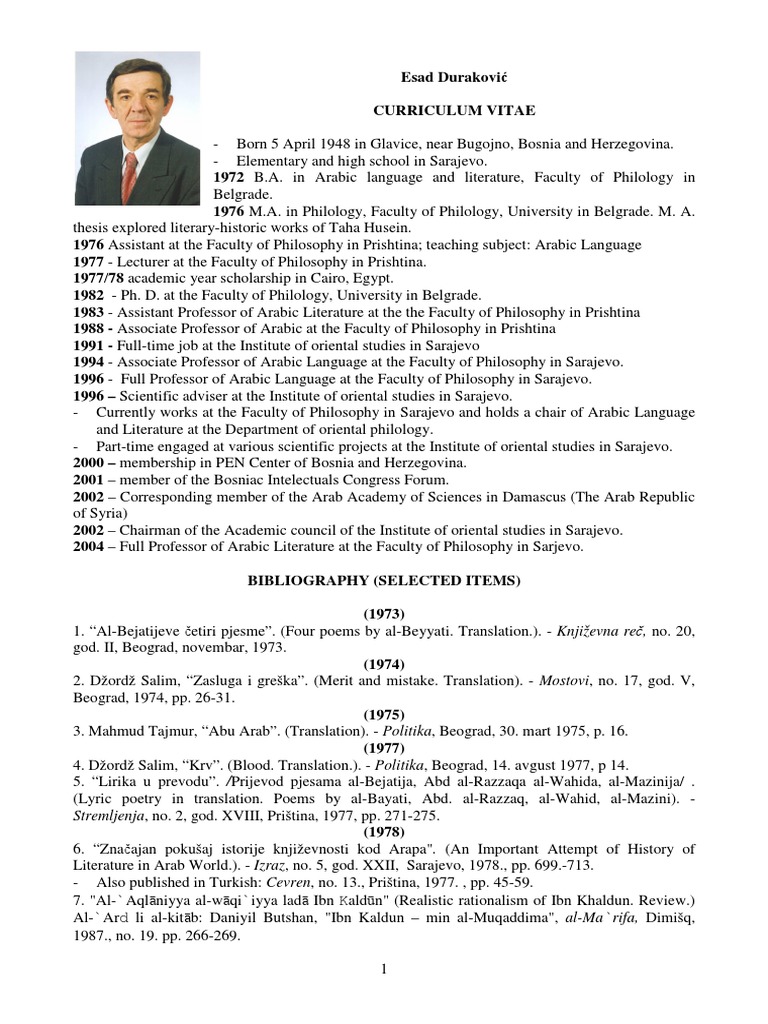 Dokumentips - 1 Esad Durakovic Curriculum Vitae Born 5 April 1948 in | PDF