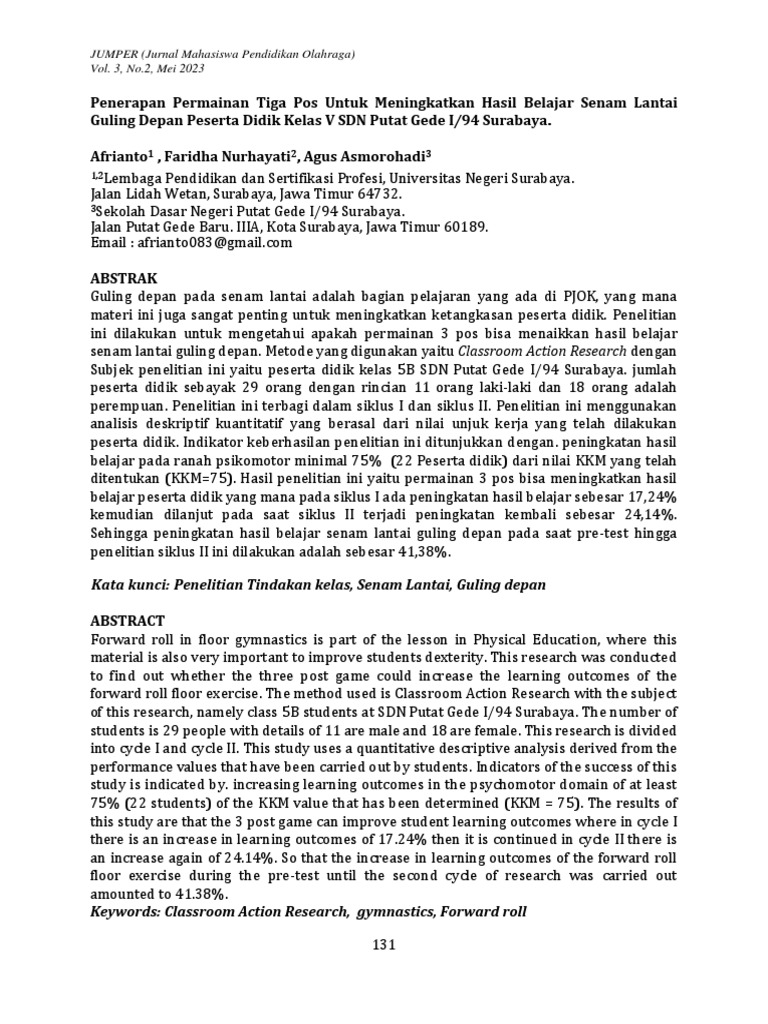 Praktik Permainan Tiga Pos Untuk Menaikkan Hasil Belajar Senam Lantai Guling Depan Peserta Didik ...