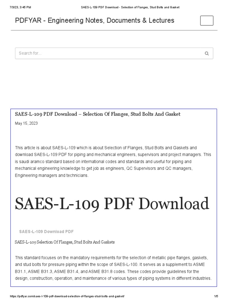 SAES-L-109 PDF Download - Selection of Flanges, Stud Bolts and Gasket - PDFYAR | PDF | Pipe ...