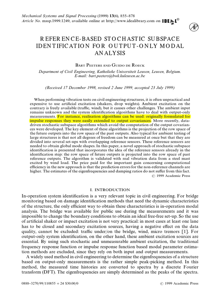 1999 Rev Reference Based Stochastic Subspace Identificarion For Output Only Modal Analysis