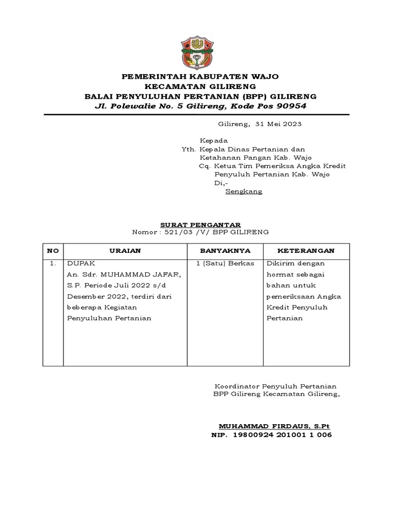 PENGANTAR DUPAK Periode Juli 2022 | PDF