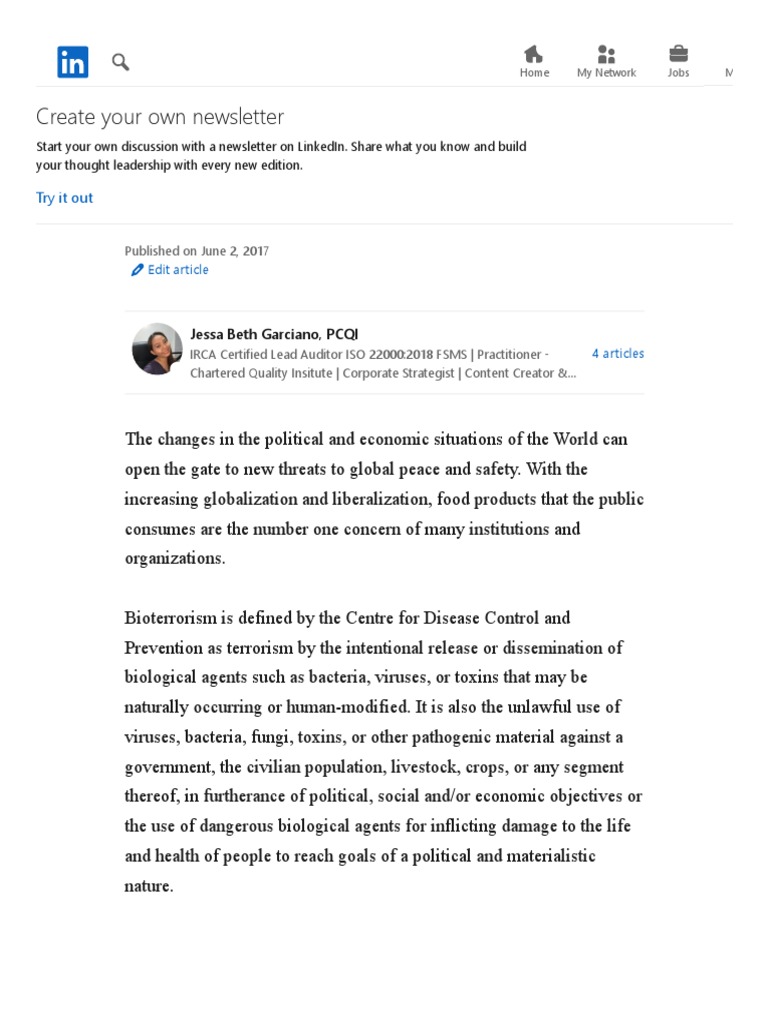 (1) Food Safety, Security and Bioterrorism _ LinkedIn | PDF | Foodborne ...