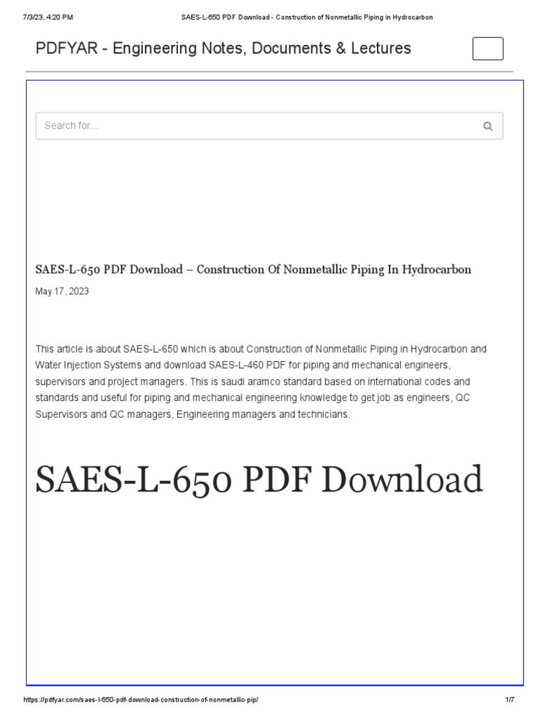SAES-L-650 PDF Download - Construction of Nonmetallic Piping in Hydrocarbon - PDFYAR | PDF ...