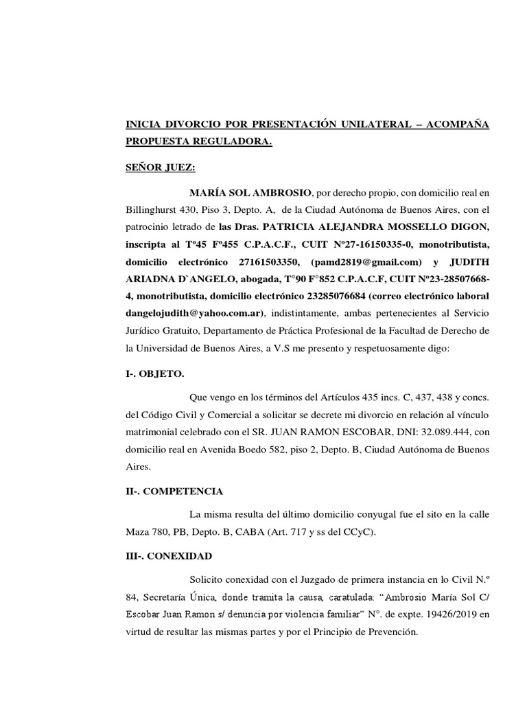 DIVORCIO UNILATERAL demanda | PDF | Divorcio | Gobierno y personalidad