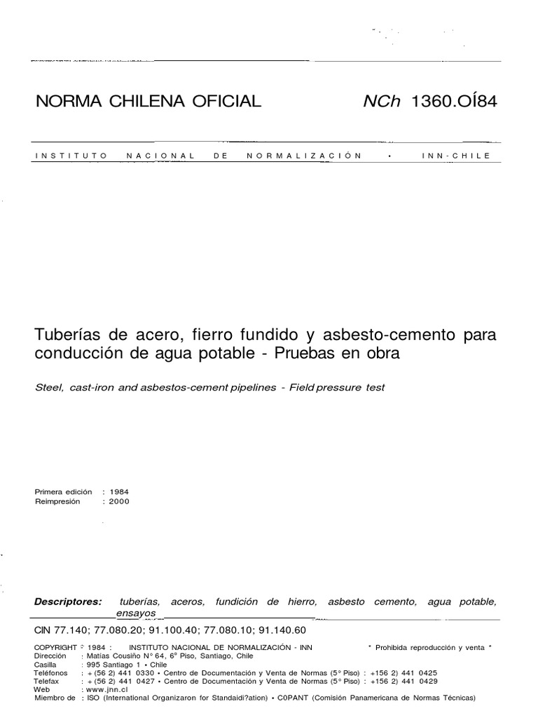 NCH 1360 of 1984 Tuberías de Acero, Fierro Fundido y Abesto Cemento ...