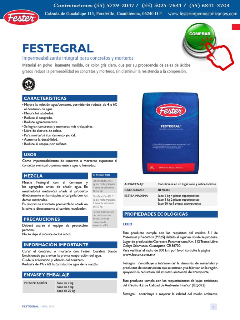 Ficha Tecnica Fester Festegral | PDF | Cemento | Hormigón