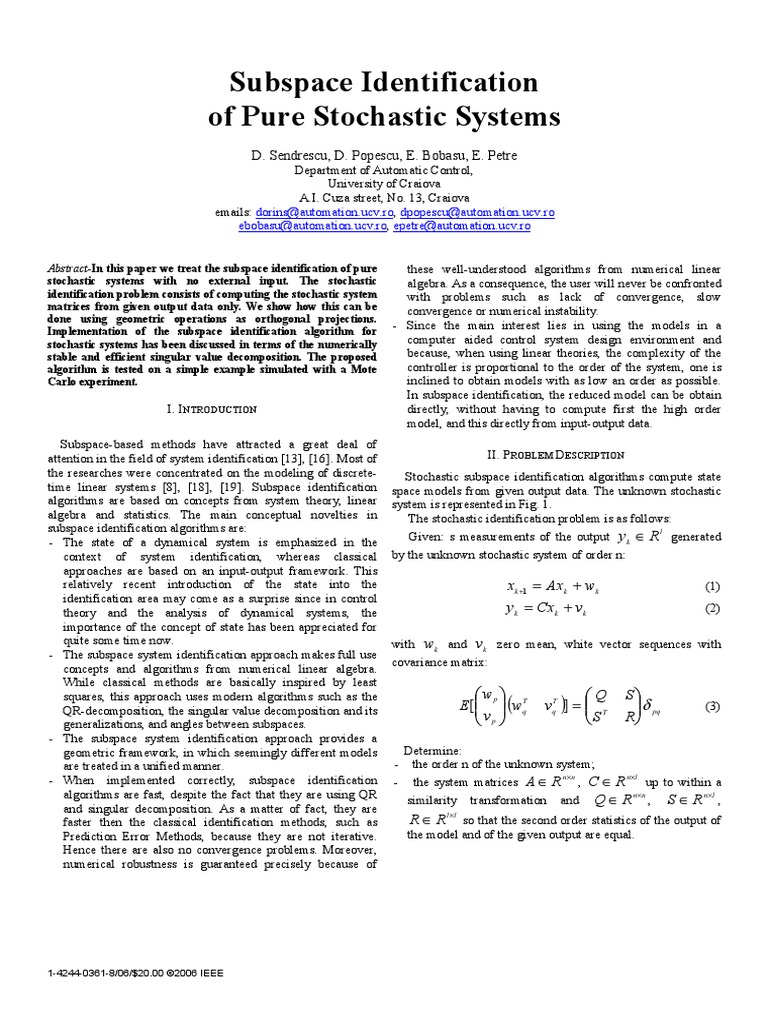 Subspace Identification of Pure Stochastic Systems | PDF | Matrix (Mathematics) | Kalman Filter