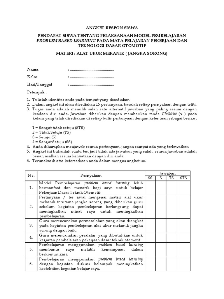 Angket Respon Siswa Terhadap Model Pembelajaran | PDF