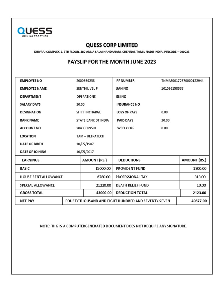 Senthil Vel _june 2023 _salary Slip | PDF
