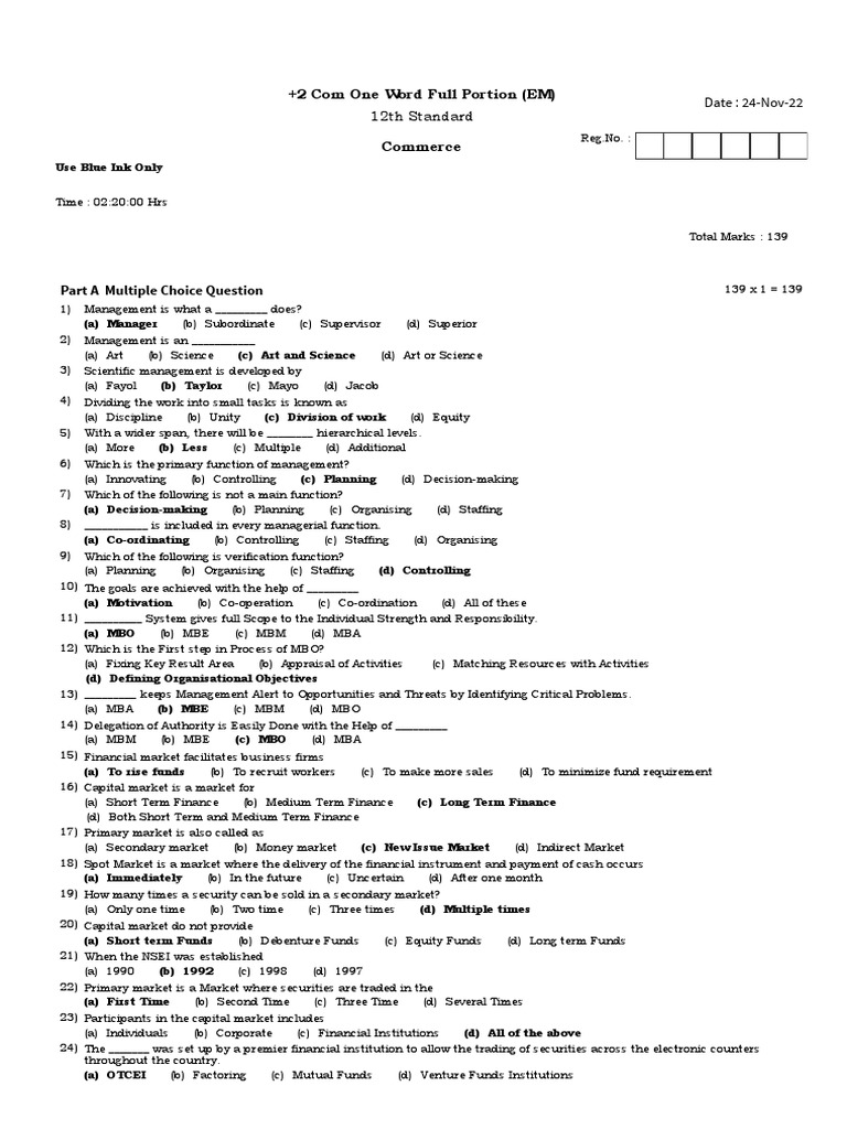 +2 Com One Word Full Portion QN With Ans (EM) - 1-3 | PDF | Money Market | Securities (Finance)
