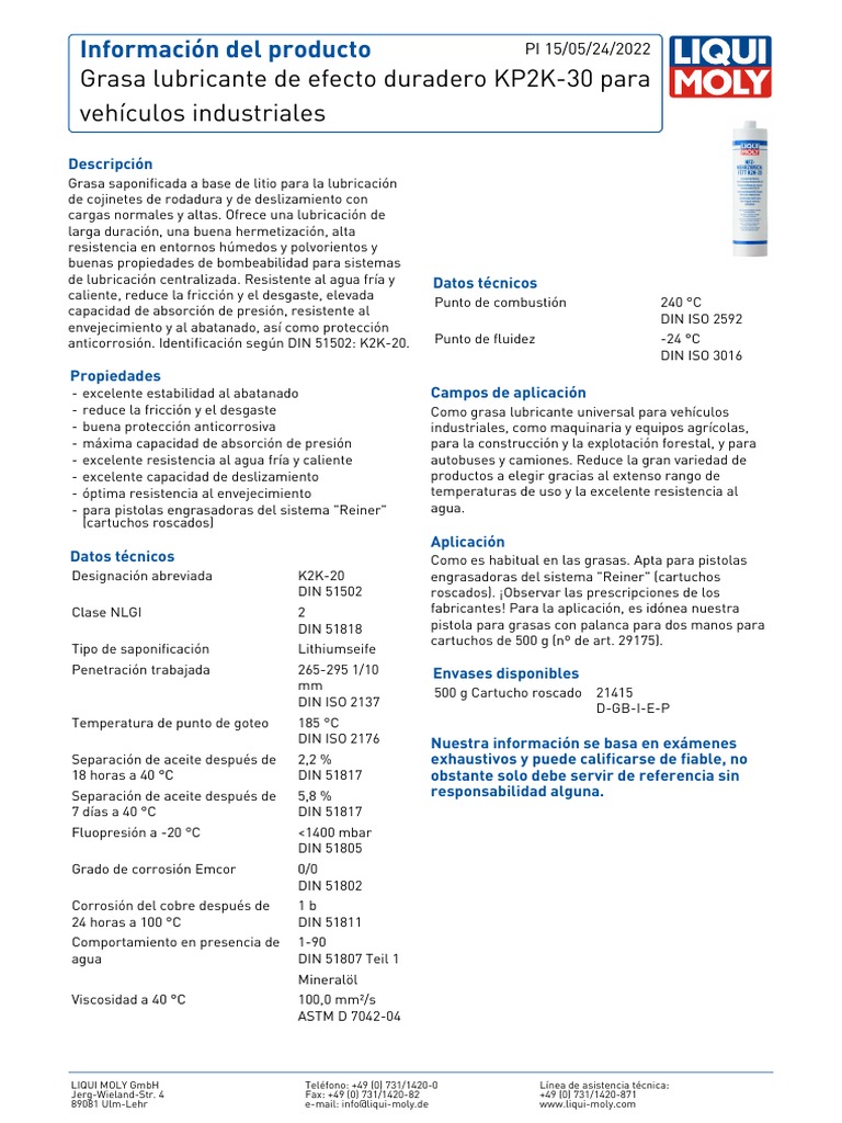 P004916 Grasa Lubricante de Efecto Duradero KP2K 30 para Vehículos ...