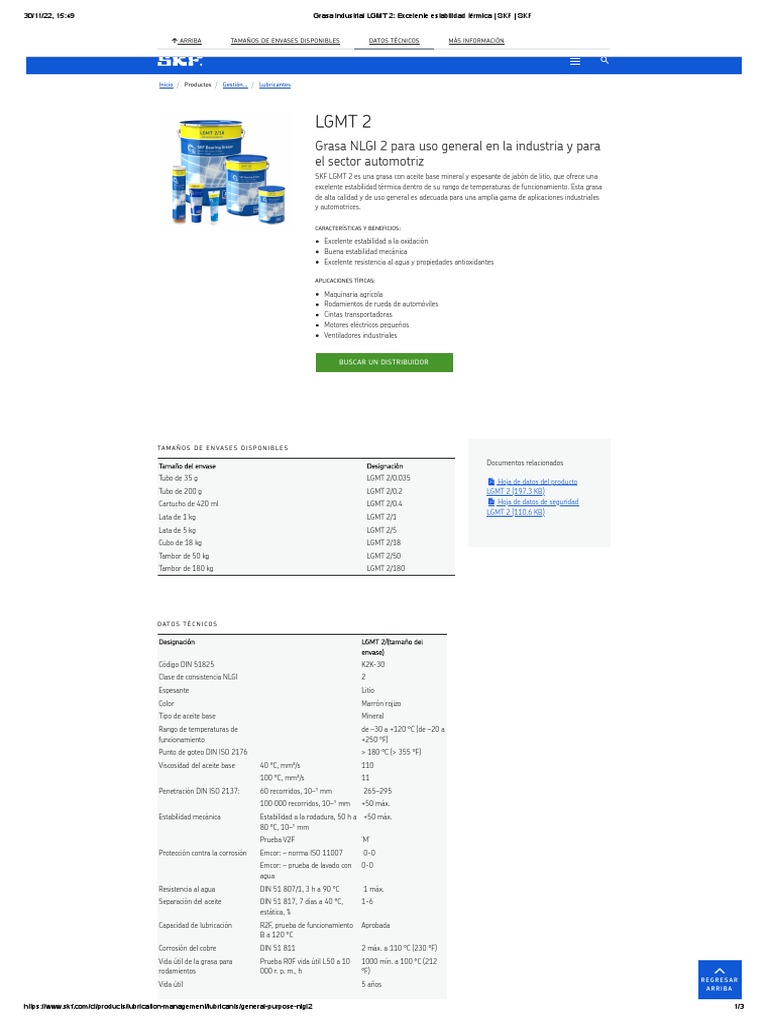 Grasa Industrial LGMT 2 - Excelente Estabilidad Térmica - SKF - SKF | PDF | Ingeniería mecánica ...