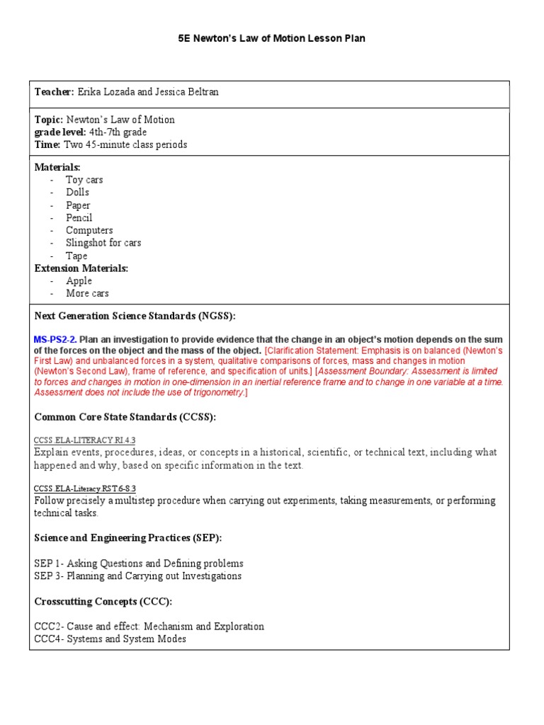 5 E Lesson Plan Law of Motion | PDF | Computer Program | Programming