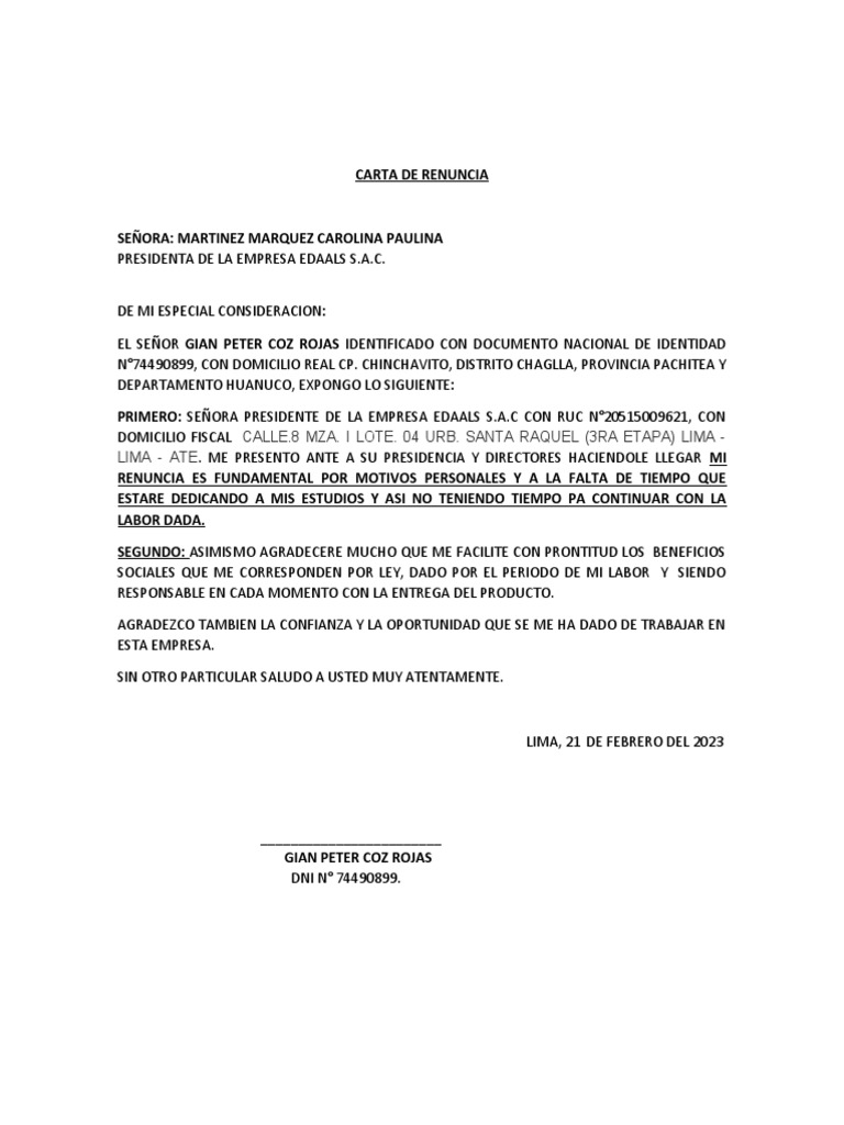 Carta de Renuncia Piter 2 | PDF