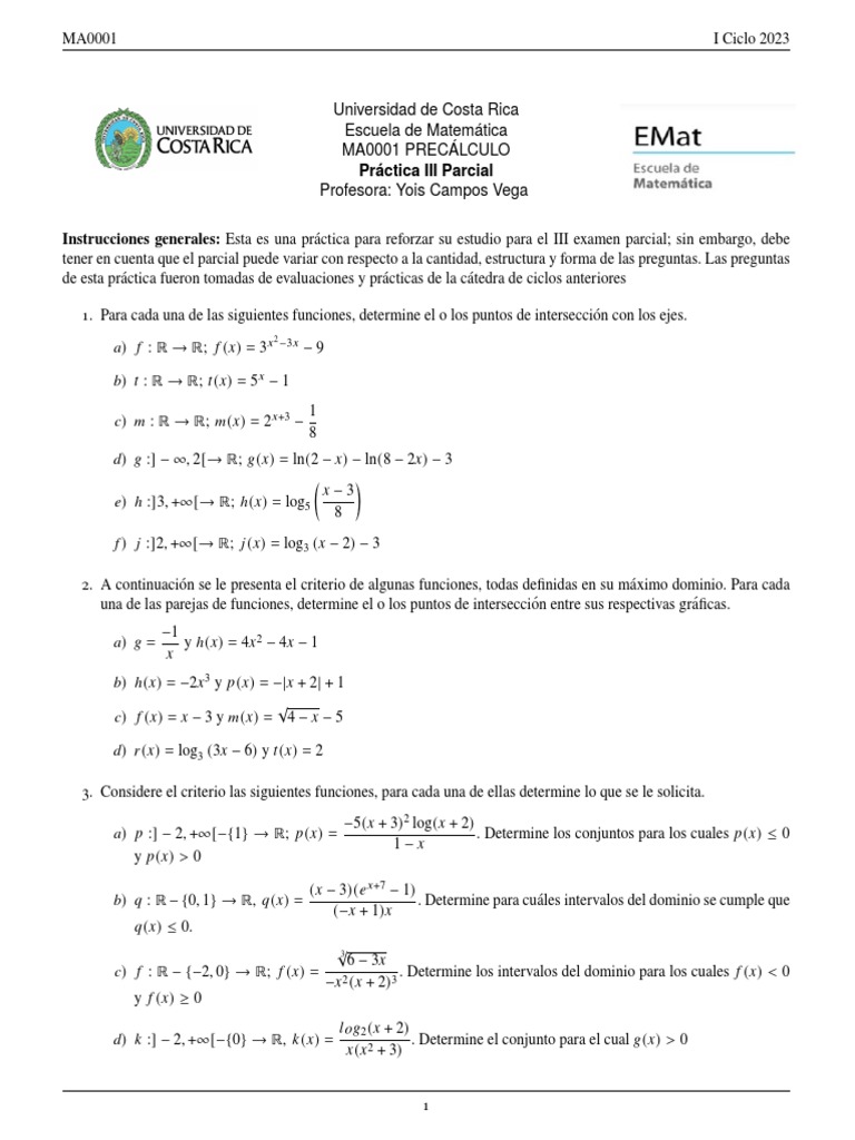 Práctica de Precálculo UCR | PDF | Funciones trigonométricas | Intervalo (Matemáticas)