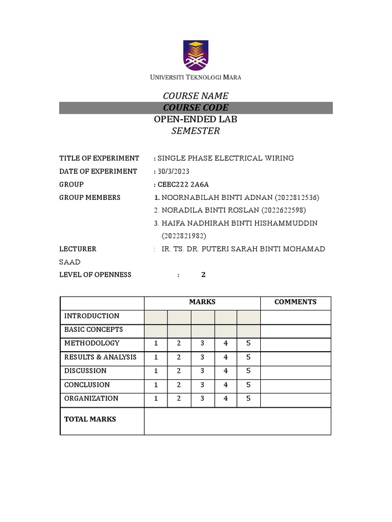 Oel Lab Report Front Page - Level 2 | PDF | Electrical Wiring ...