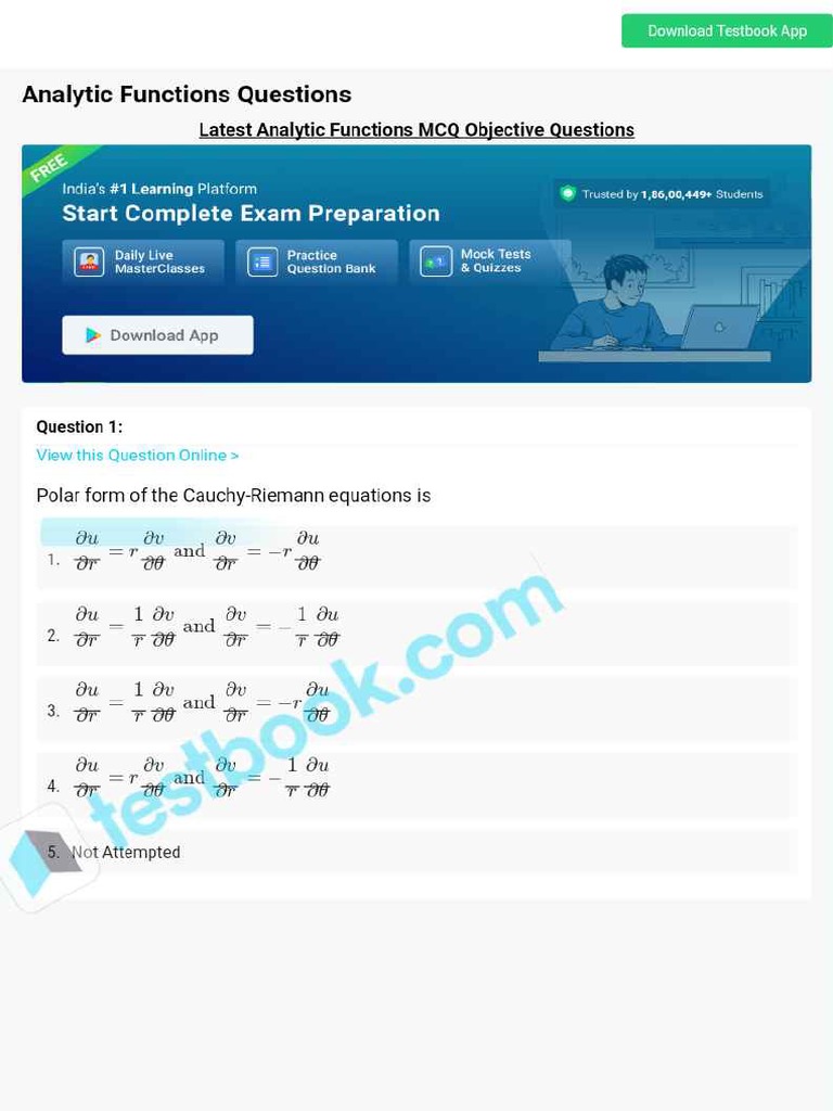 MCQ On Analytic Functions 5eea6a0a39140f30f369dcb8 | PDF