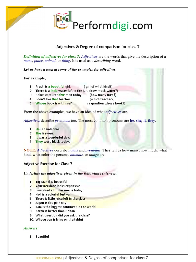 Adjective and Degree of Comparison For Class 7 | PDF | Adjective | Noun