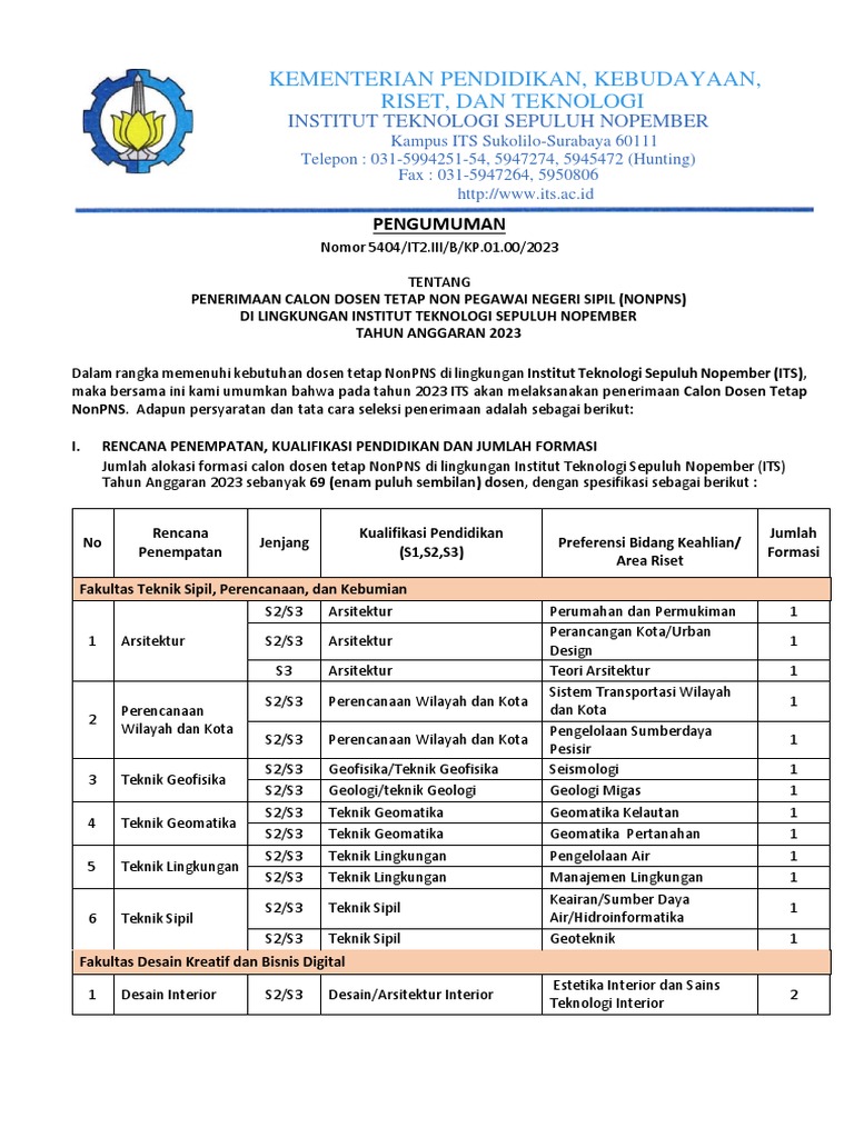 Final Rekrutmen Dosen 2023 ITS - Rev2 - 230628 - 063537 | PDF